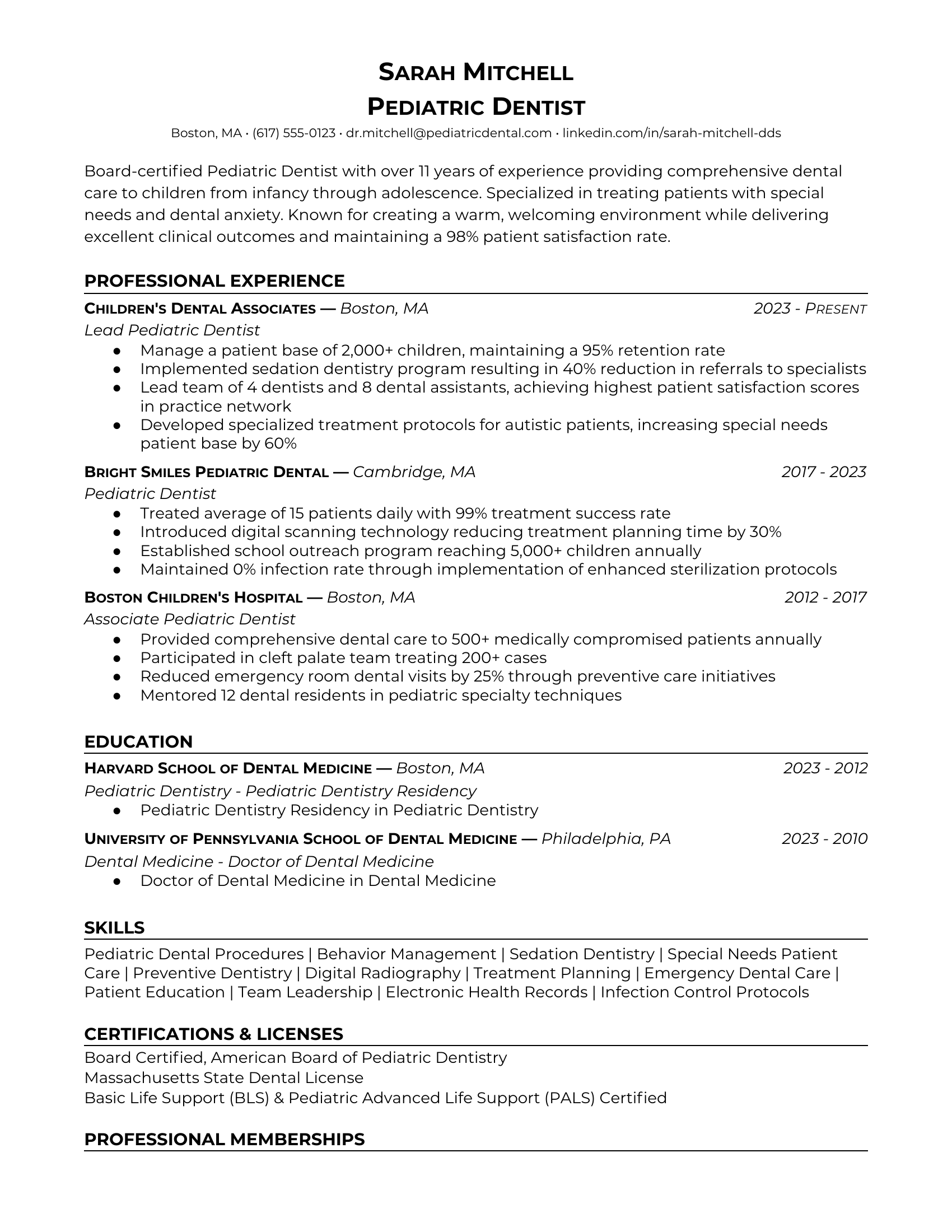 Pediatric Dentist in Healthcare Resume Examples & Tips for 2025 | Careerday